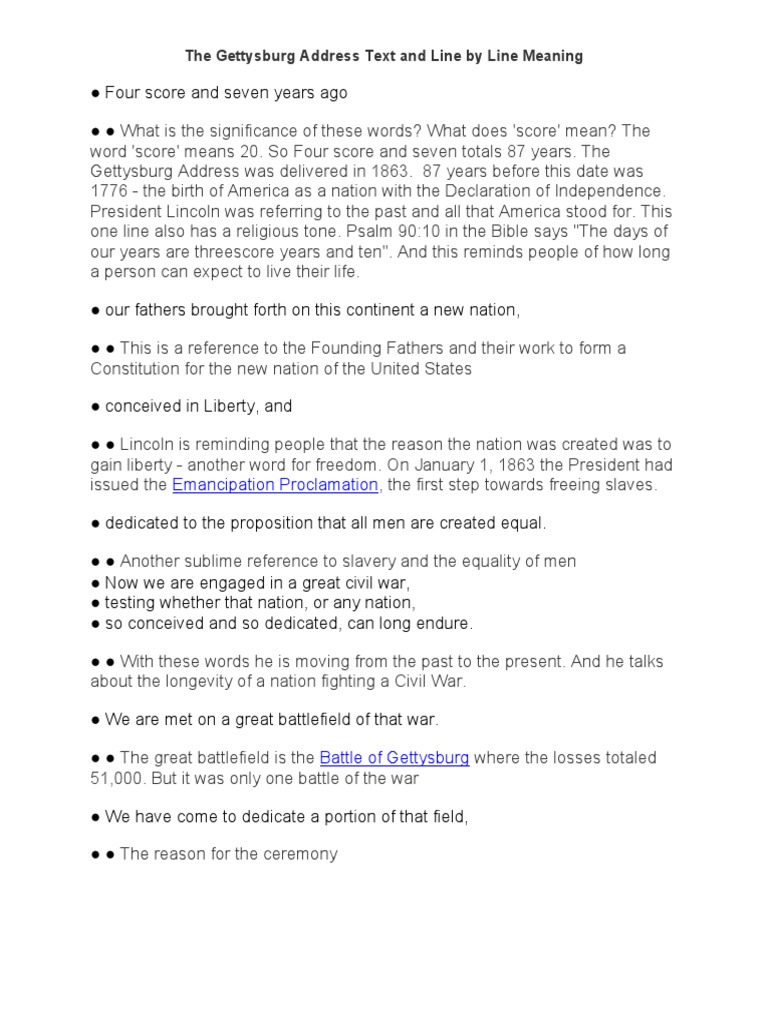 The Gettysburg Address Text and Line by Line Meaning: Emancipation ...