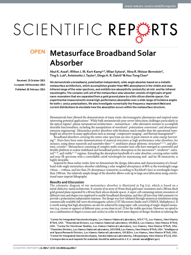 Metasurface Broadband Solar Absorber | PDF | Metamaterial | Absorption Spectroscopy
