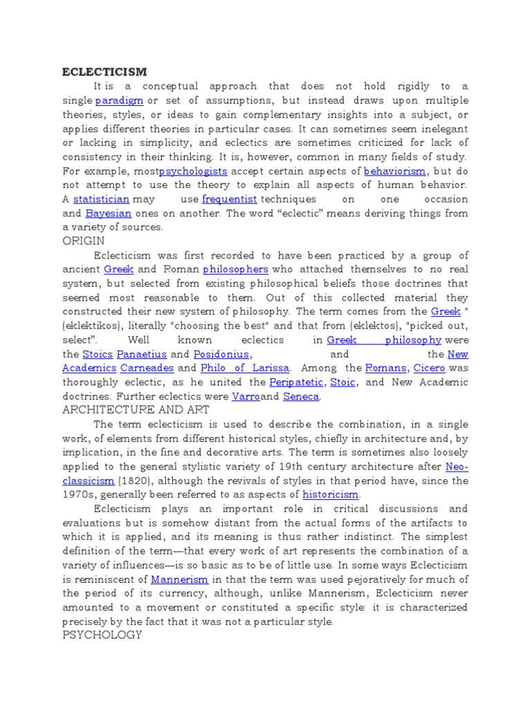 Eclecticism: Origin | PDF | Psychological Concepts | Cognition