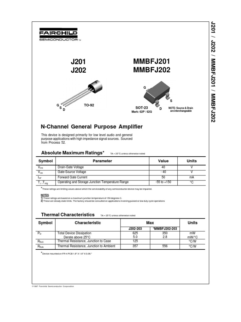 J201 J202 MMBFJ201 MMBFJ202: N-Channel General Purpose Amplifier | PDF ...