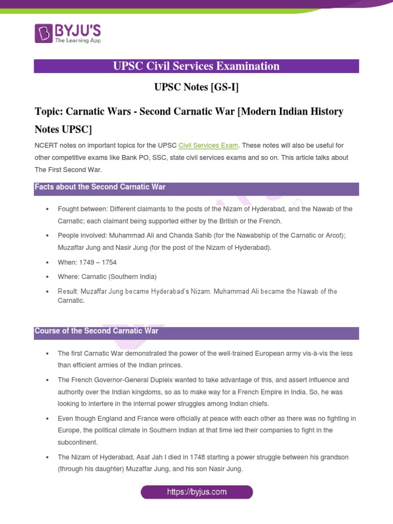 Carnatic Wars Second Carnatic War Modern Indian History Notes UPSC ...