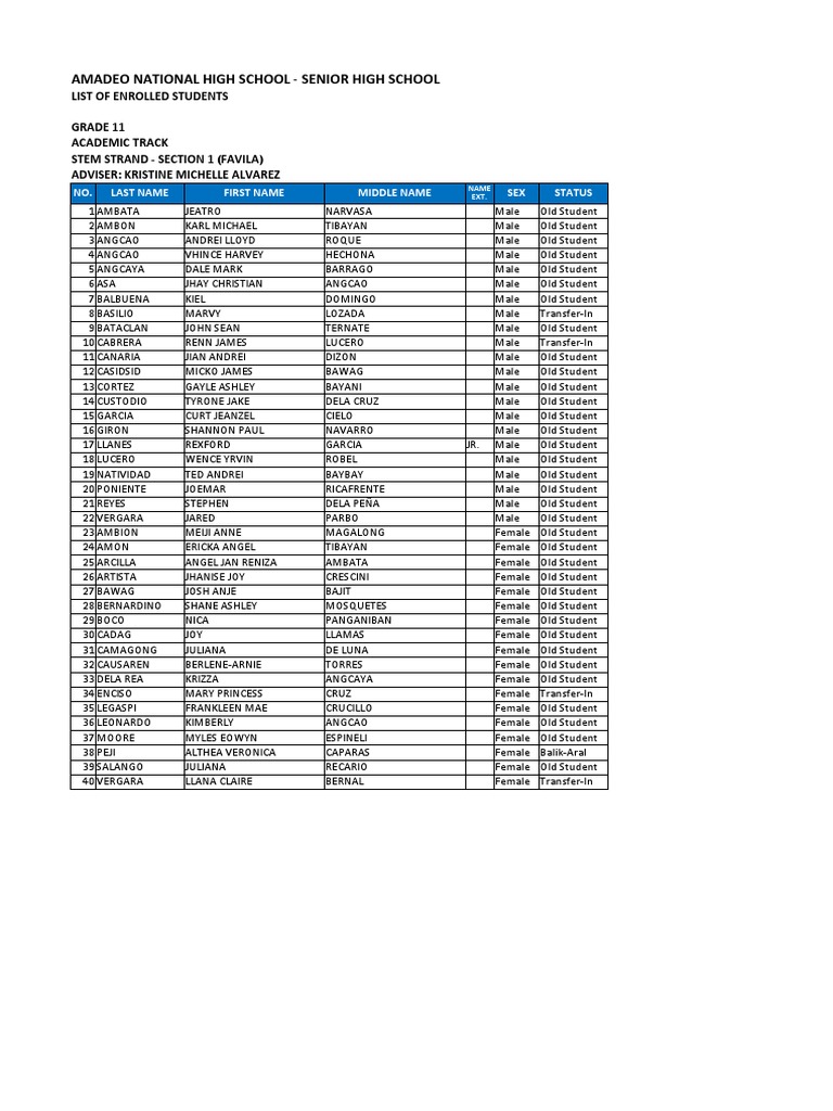 Amadeo National High School Enrollment List | PDF