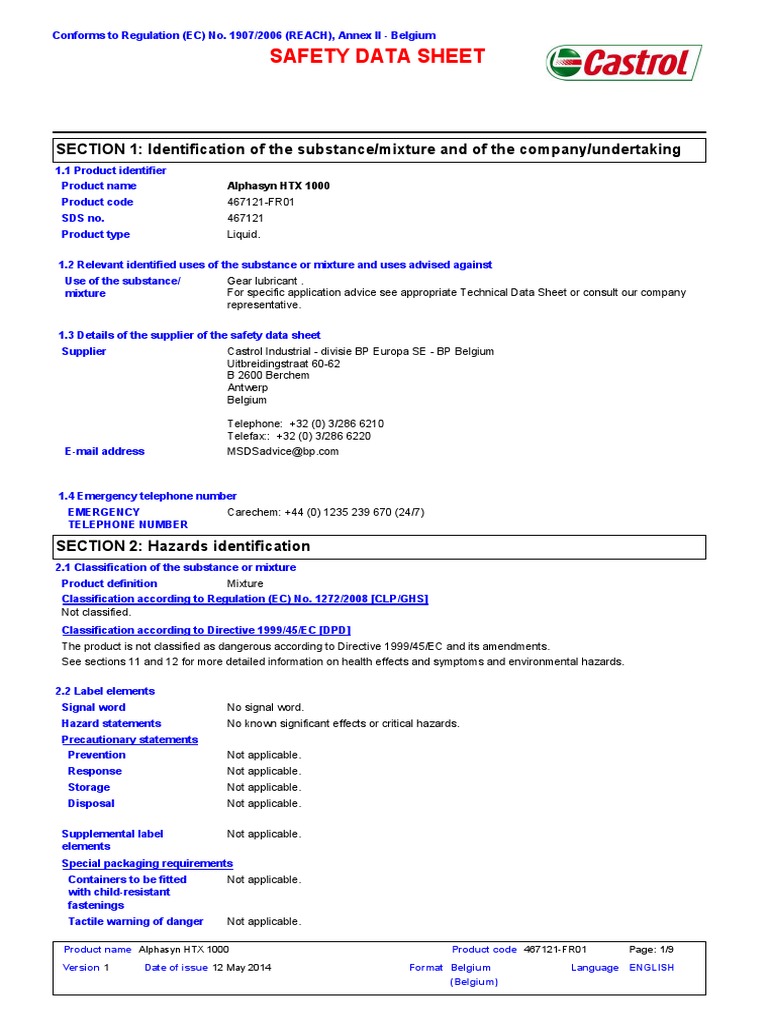 MSDS Castrol Alphasyn HTX 1000 PDF | PDF | Personal Protective ...