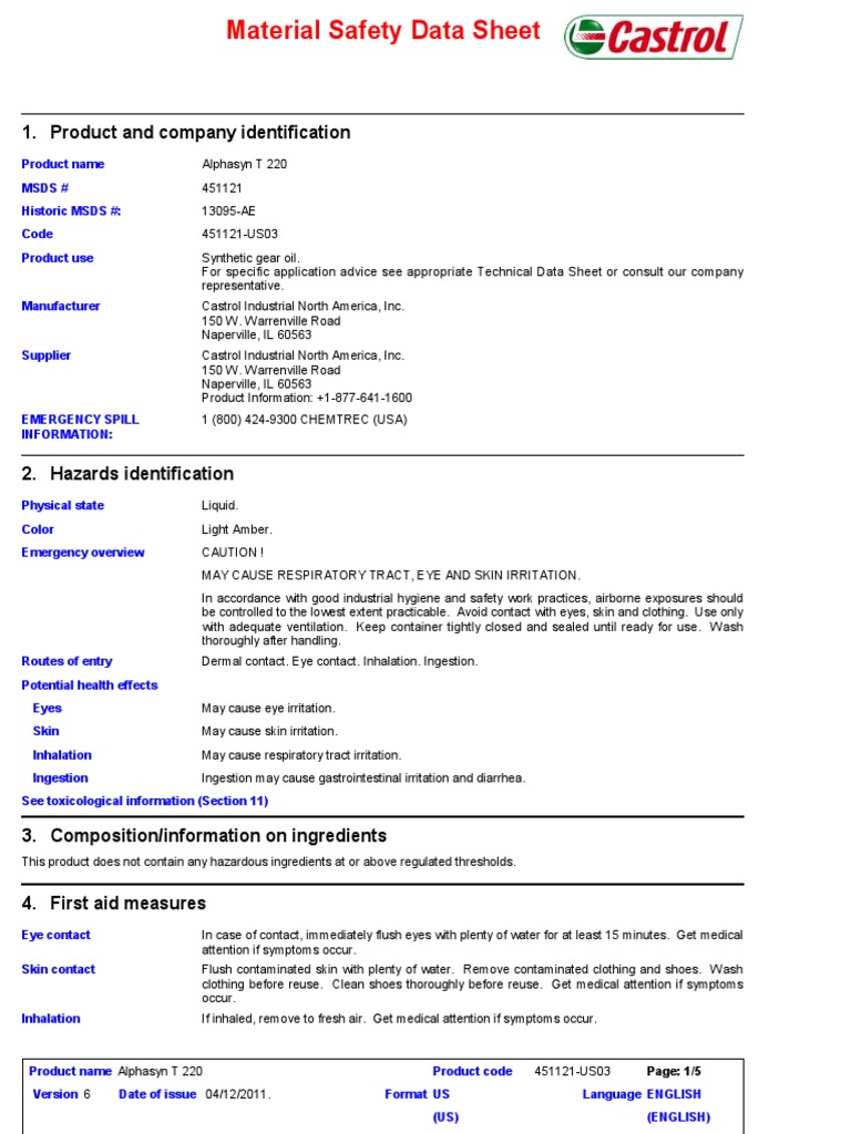 MSDS Castrol Alphasyn T 220 PDF | PDF | Personal Protective Equipment ...