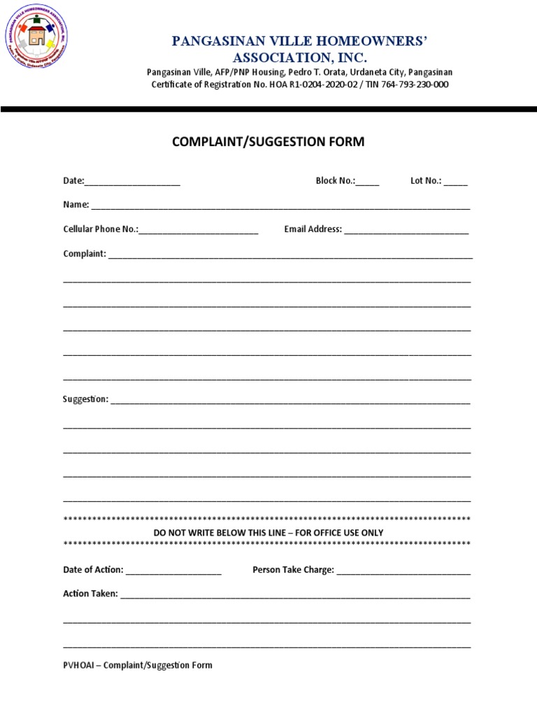 Complaint/Suggestion Form: Pangasinan Ville Homeowners' Association ...