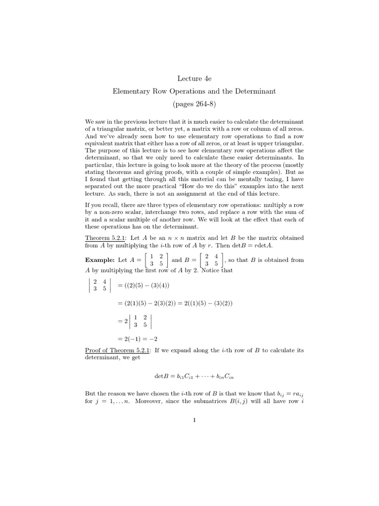 Lecture 4e Elementary Row Operations and The Determinant (Pages 264-8) | PDF | Determinant ...