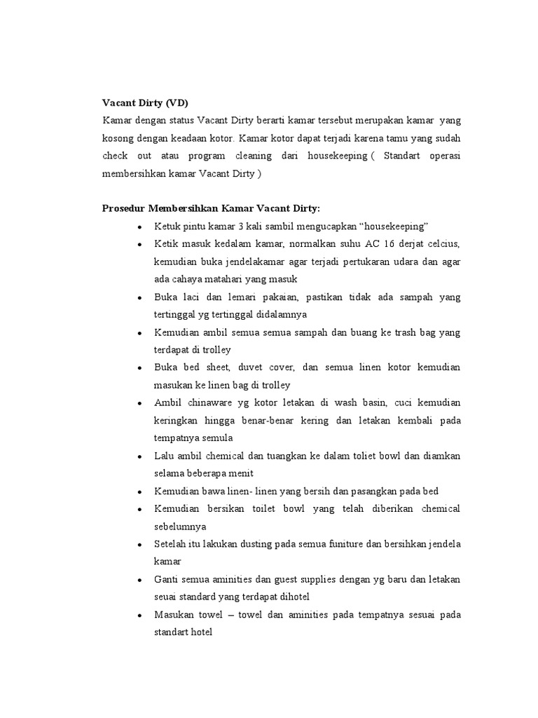 Prosedur Kamar Vacant Dirty dan Clean | PDF