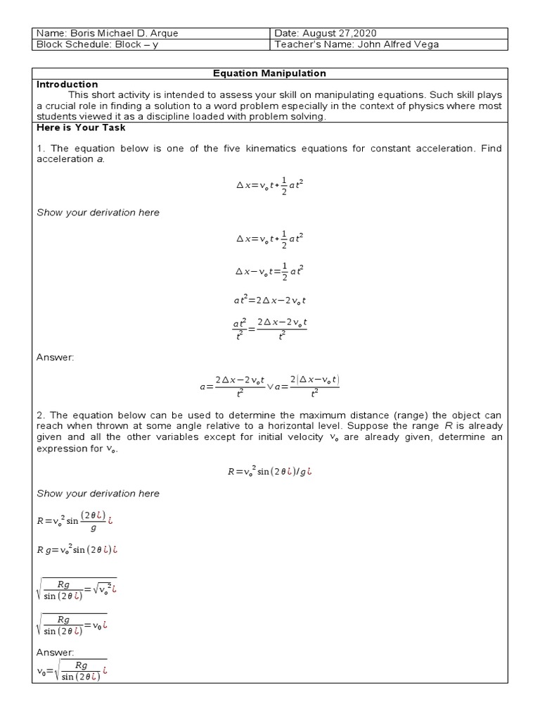 Equation Manipulation: X V T+ at Show Your Derivation Here X V T+ at ...