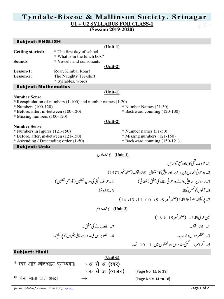 Class 1 U1 U2 Syllabus | PDF | Languages | Language Arts & Discipline