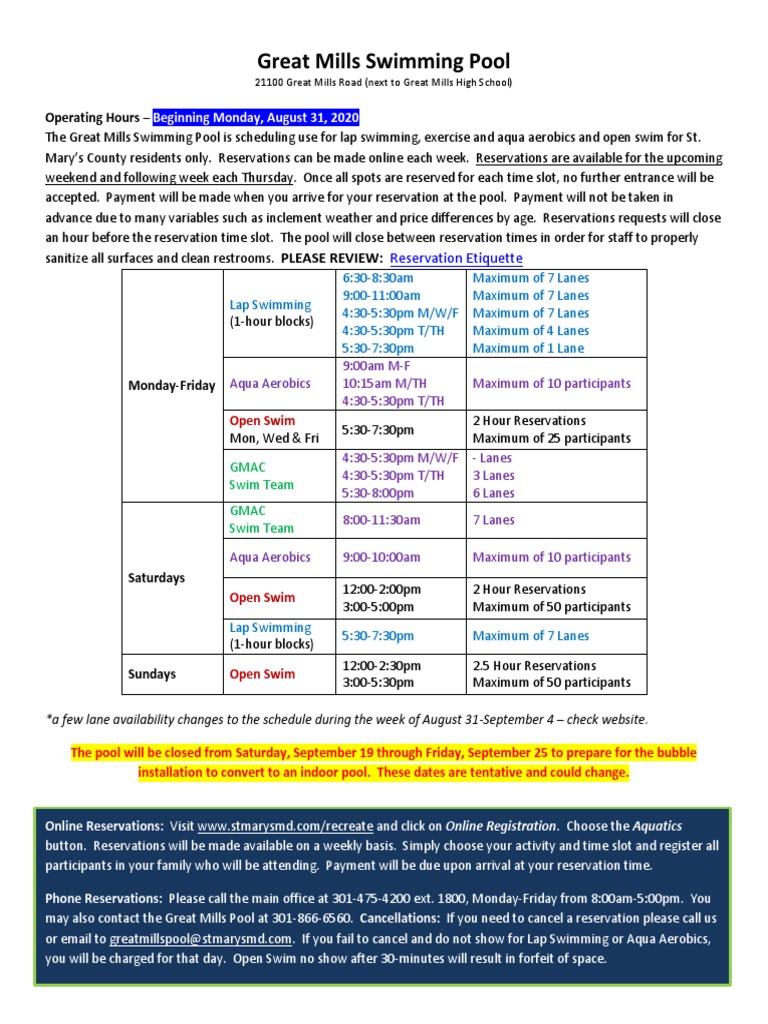 Great Mills Swimming Pool Operating Schedule | PDF | Public Toilet ...