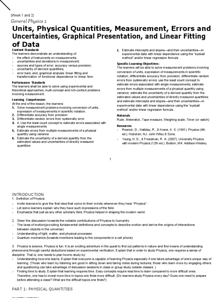 Units, Physical Quantities, Measurement, Errors and Uncertainties, Graphical Presentation, and ...