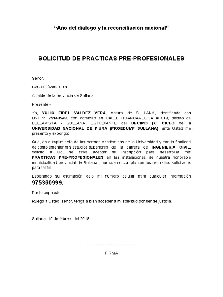Solicitud de Practicas Pre Profesional | PDF