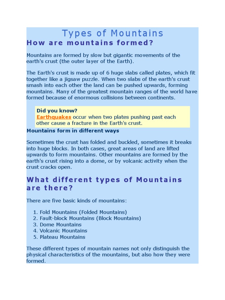 Types of Mountains: How Are Mountains Formed? | PDF | Mountains | Plateau