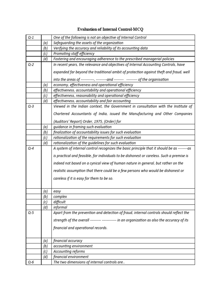 Paper-2-Evaluation of Internal Control-MCQ | PDF | Internal Control | Audit