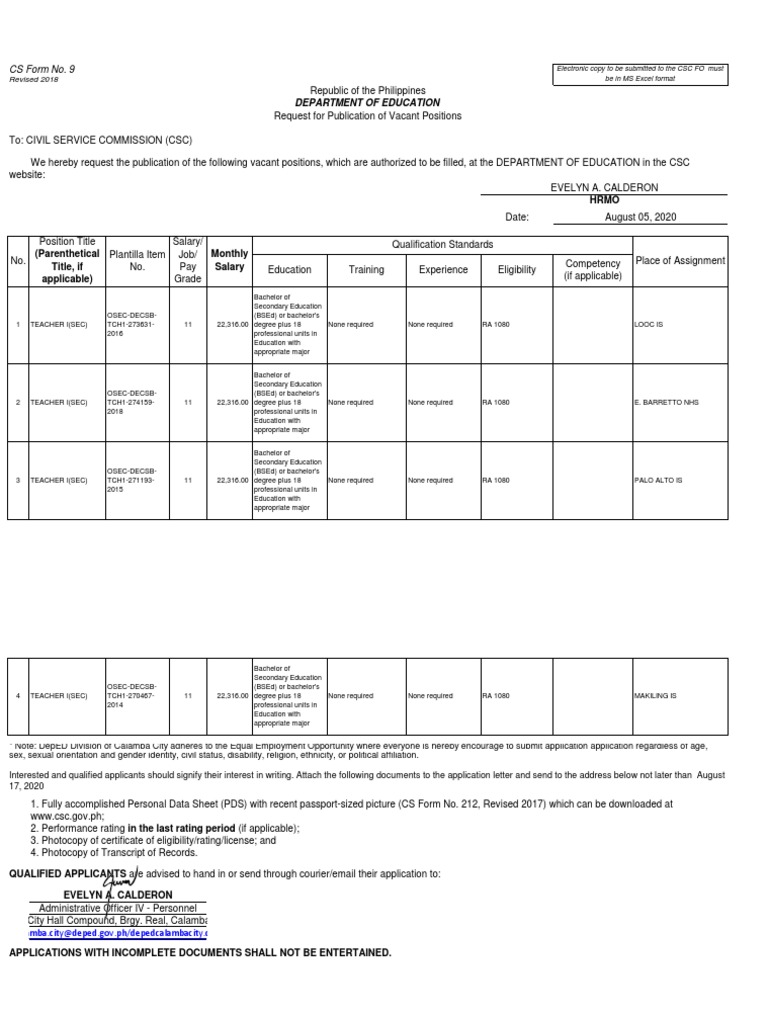 Department of Education: CS Form No. 9 | PDF