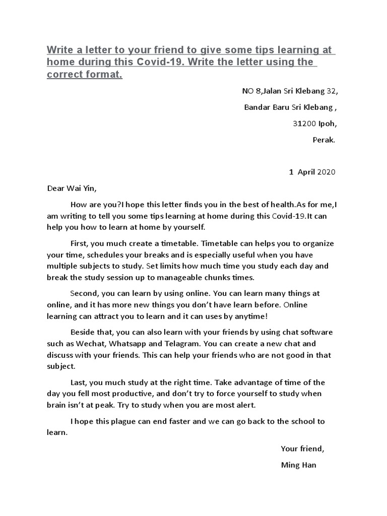 Write A Letter To Your Friend To Give Some Tips Learning at Home During ...