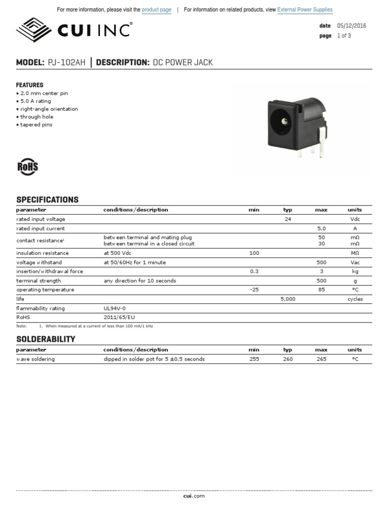 Model: Pj-102Ah Description: DC Power Jack: Features | PDF | Power ...