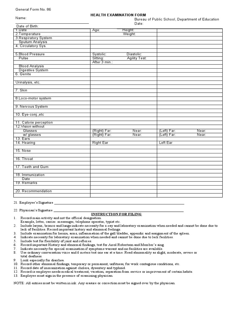 General Form No 86 Health Examination | PDF | Blood Pressure | Medical ...