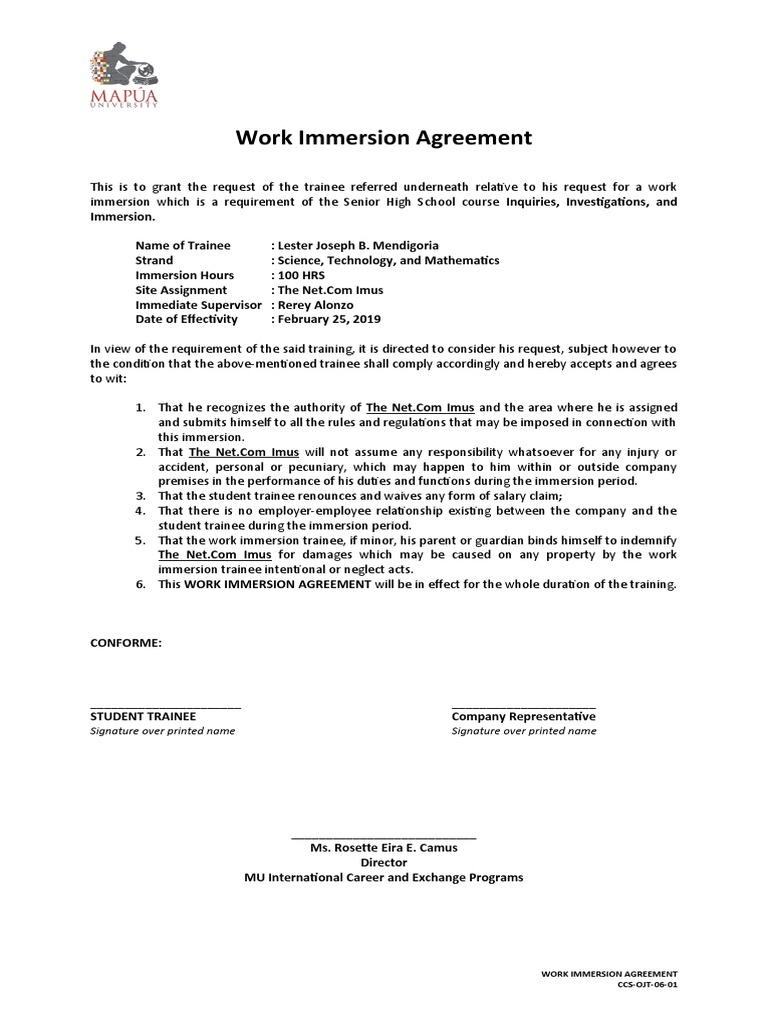 3 - Work Immersion Agreement Form | PDF | Common Law | Virtue