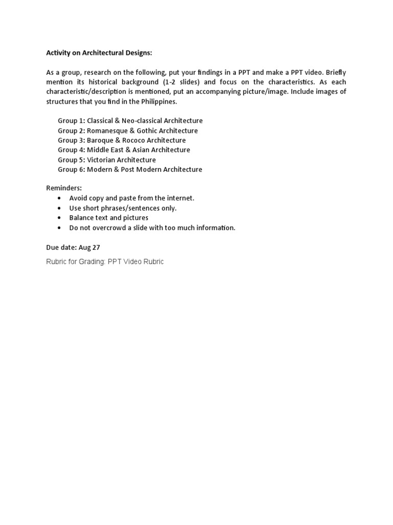 Activity On Architectural Designs:: Rubric For Grading: PPT Video ...