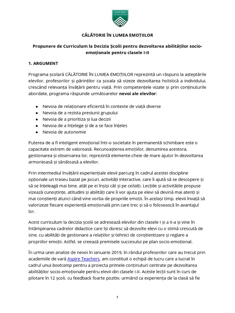 Programa Scolara Calatorie in Lumea Emotiilor AspireTeachers 2020 | PDF