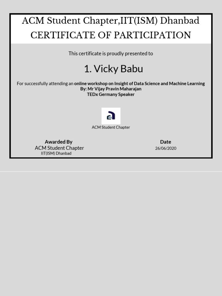 Vicky Babu: ACM Student Chapter, IIT (ISM) Dhanbad Certificate of ...