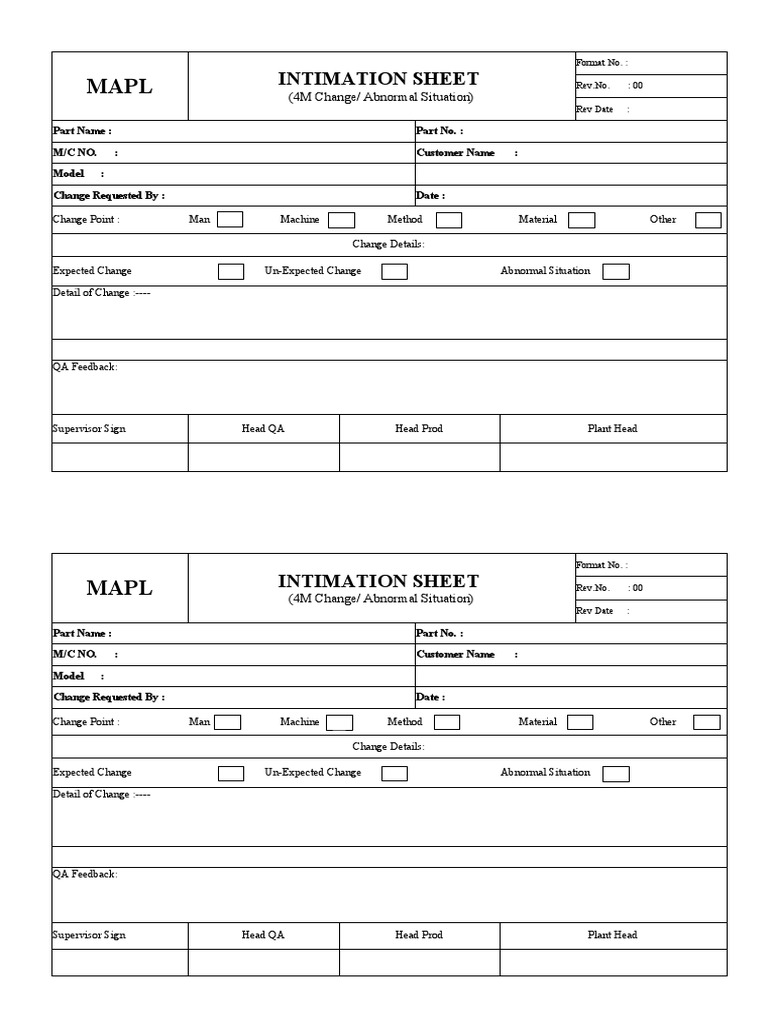 4M Change Intimation Sheet Abnormal Situation | PDF | Business ...