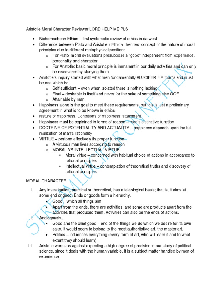 Aristotle Moral Character Reviewer | PDF | Virtue | Happiness