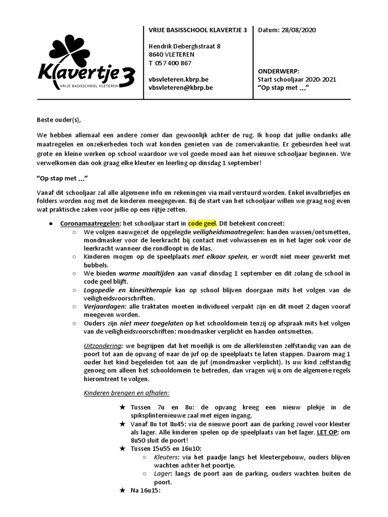 Brief Start Schooljaar 2020-2021 | PDF