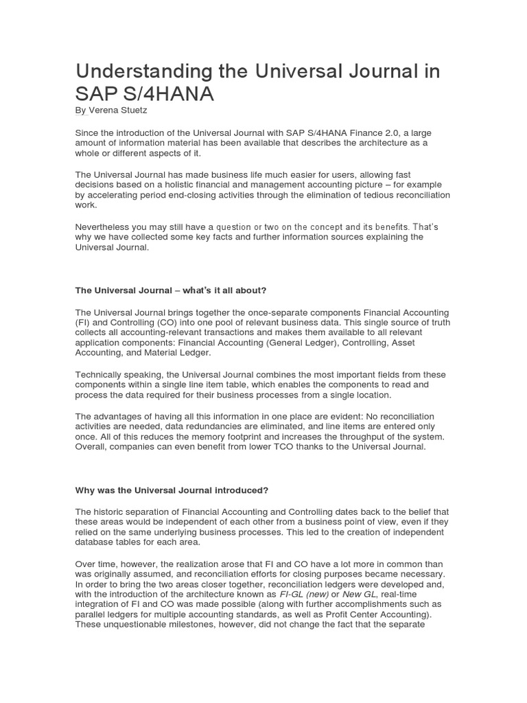 Understanding The Universal Journal in Sap S/4Hana | PDF