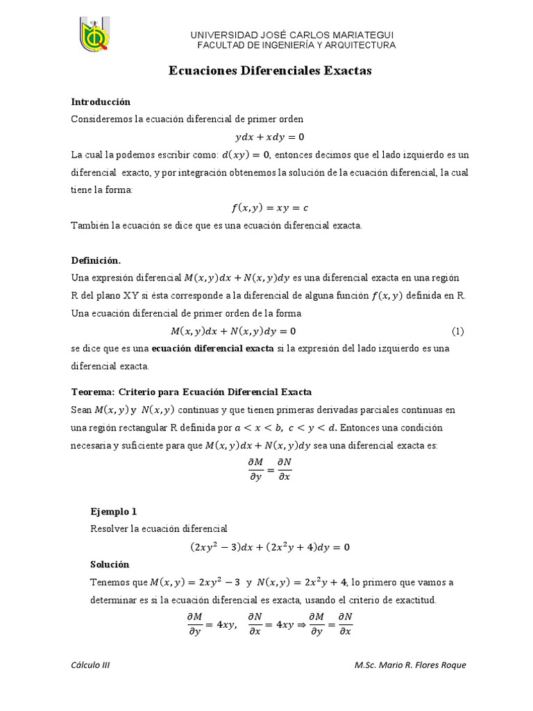 Ecuaciones Diferenciales Exactas | PDF | Ecuaciones diferenciales | Ecuaciones