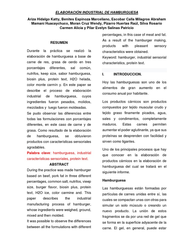 Proceso Industrial De Hamburguesas Pdf Hamburguesas Carne