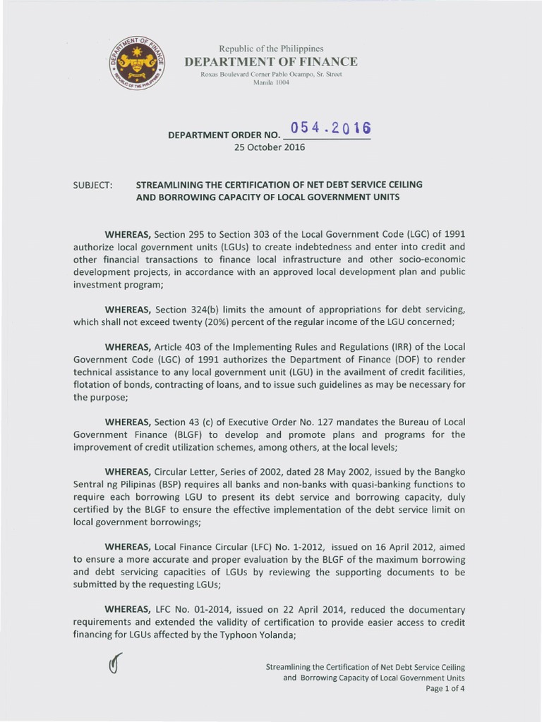 Do 54-2016 Cert. of Net Debt Service Ceiling..., BLGF | PDF | Loans | Debt