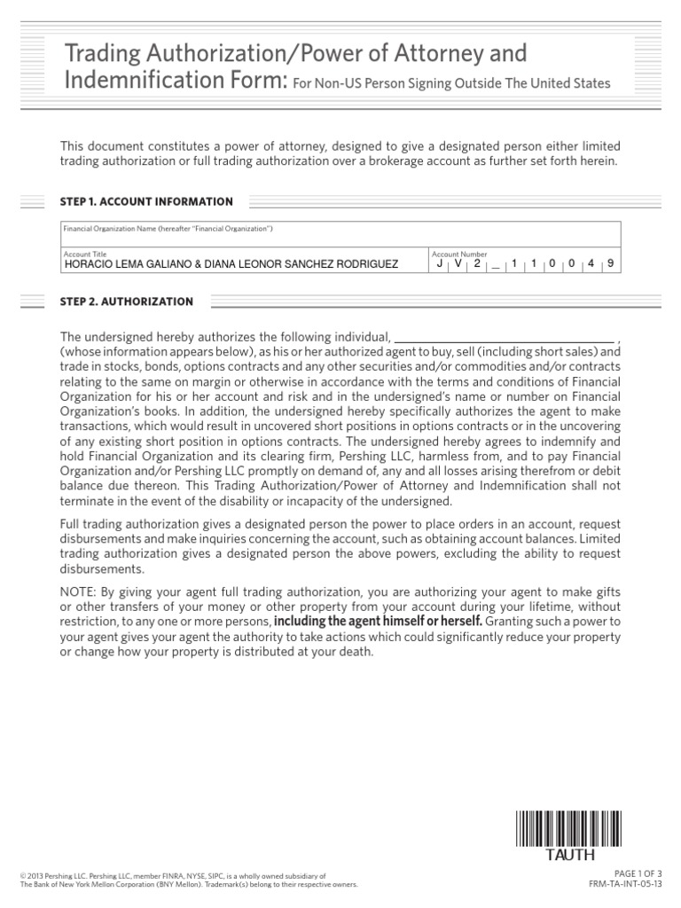 Trading Authorization/Power of Attorney and Indemnification Form | PDF ...