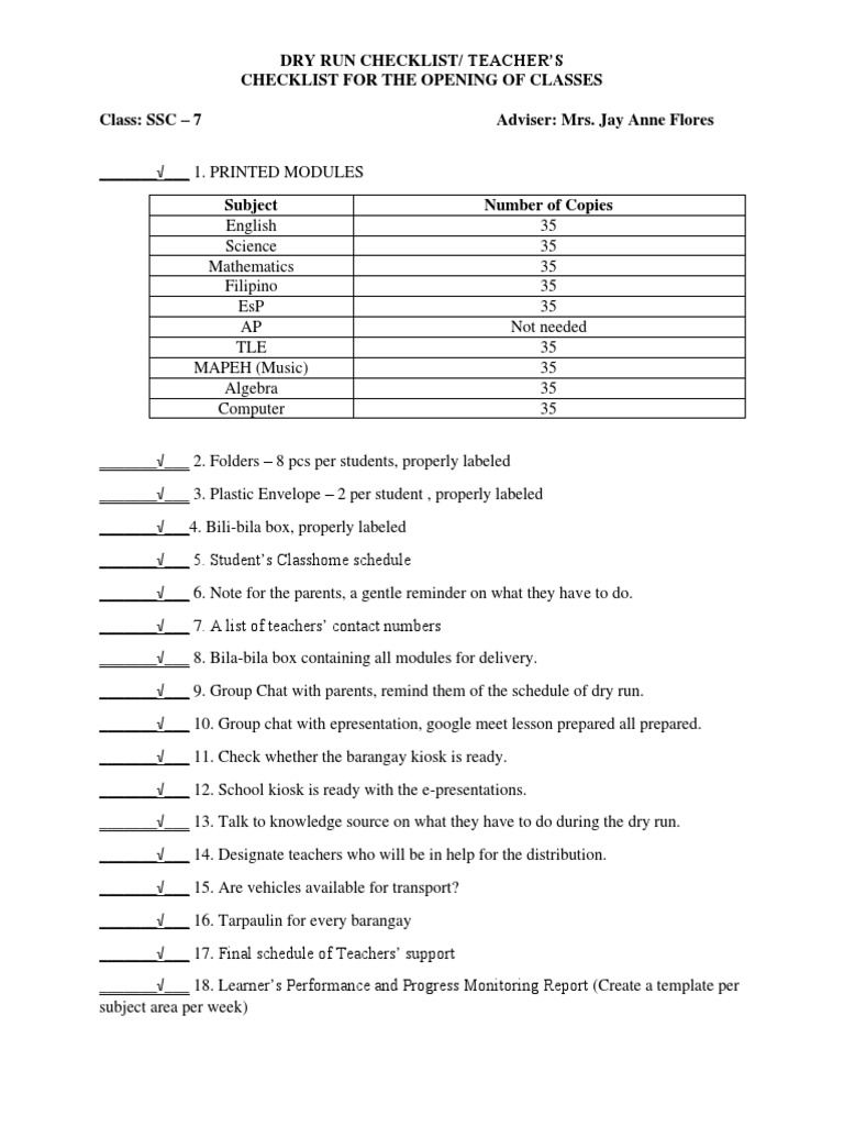 Dry Run Checklist | PDF