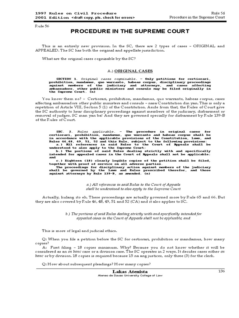Procedure in The Supreme Court: 1997 Rules On Civil Procedure 2001 ...