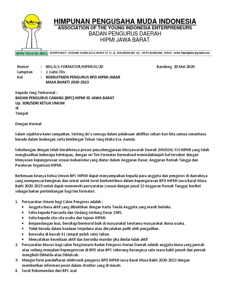 Formatur Surat Pemberitahuan BPD Hipmi Jabar | PDF | Karier & Perkembangan | Bisnis