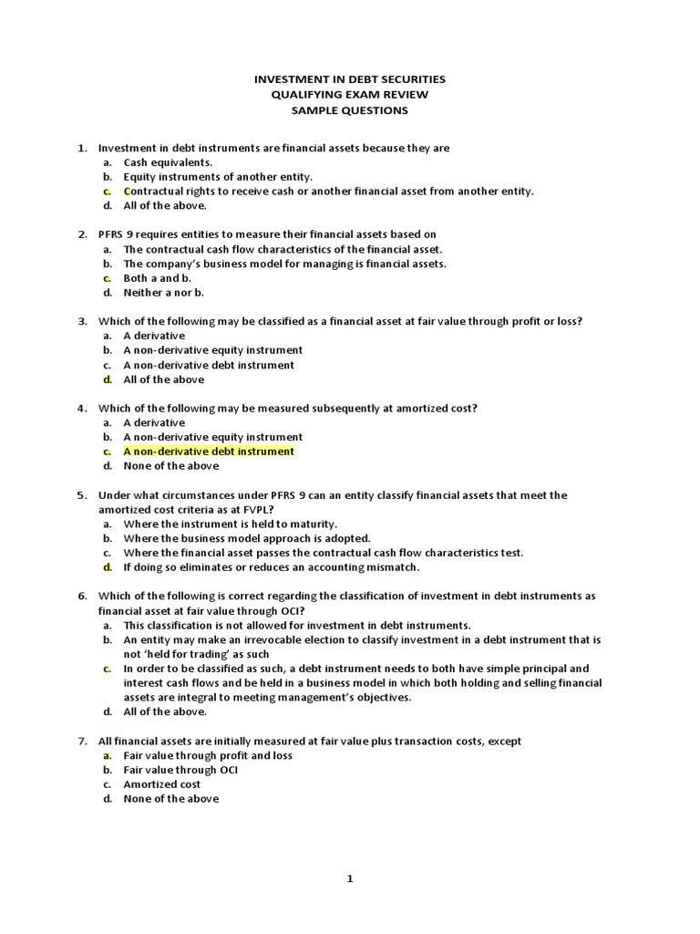 Investment in Debt Securities Qualifying Exam Review Sample Questions ...