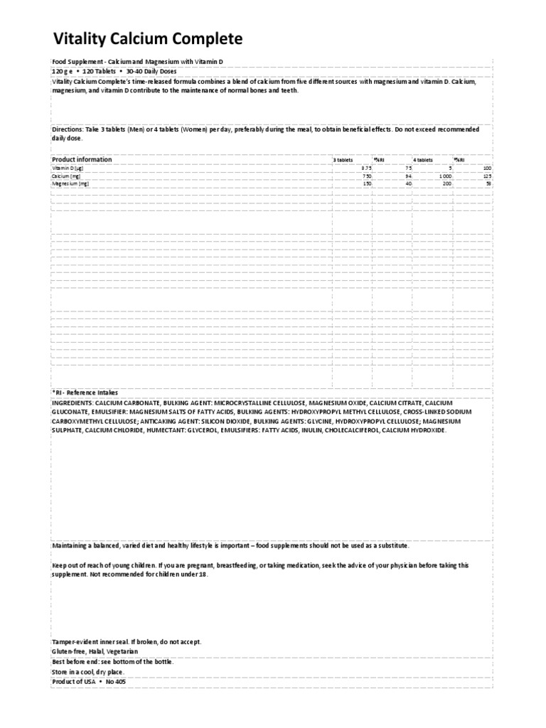 Vitality Calcium Complete | PDF | Magnesium | Calcium