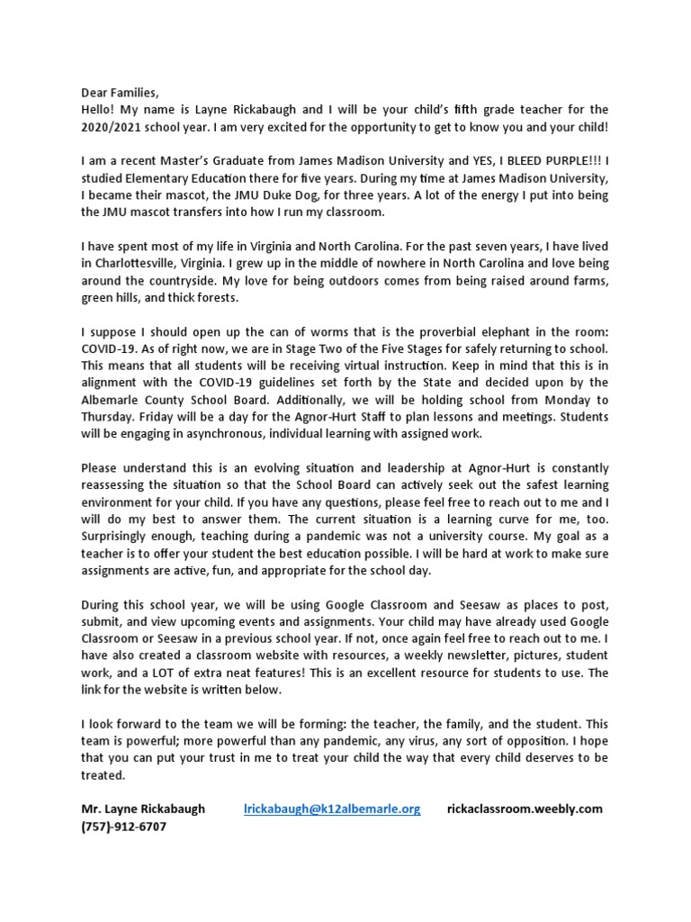 Welcome Letter | PDF | Teachers | Learning