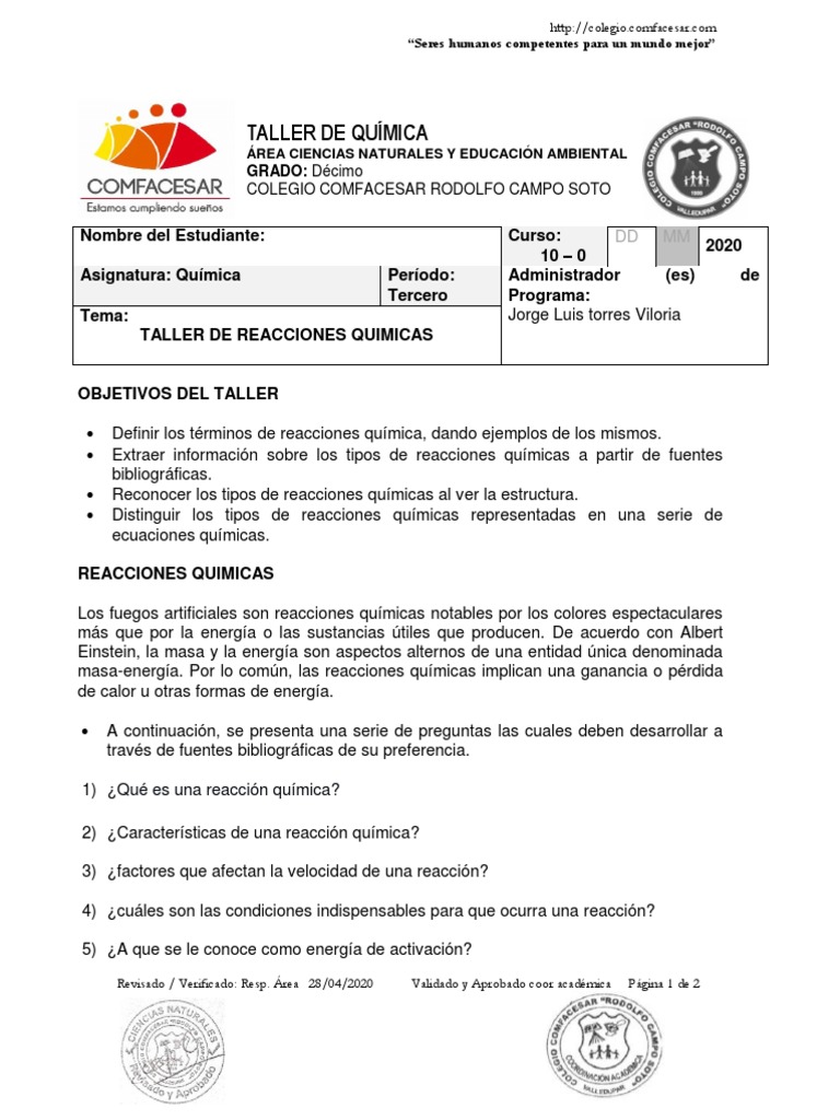 Taller de Química Décimo | PDF | Reacciones químicas | Química