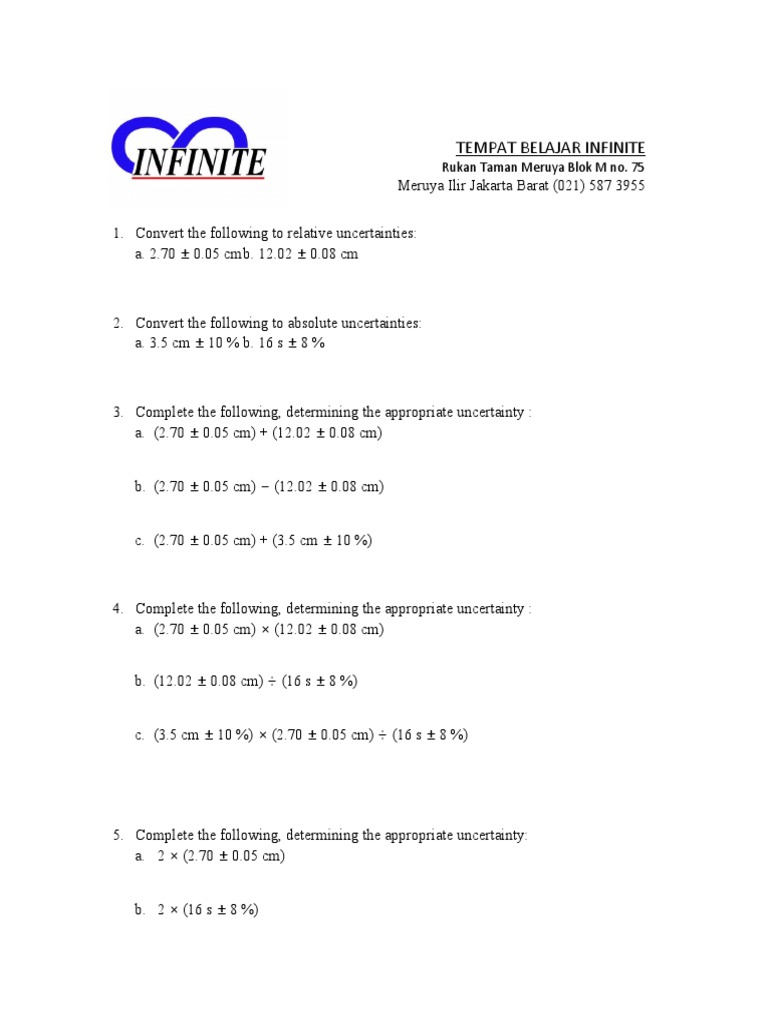 Uncertainty Worksheet with Solutions | PDF | Uncertainty | Physical ...