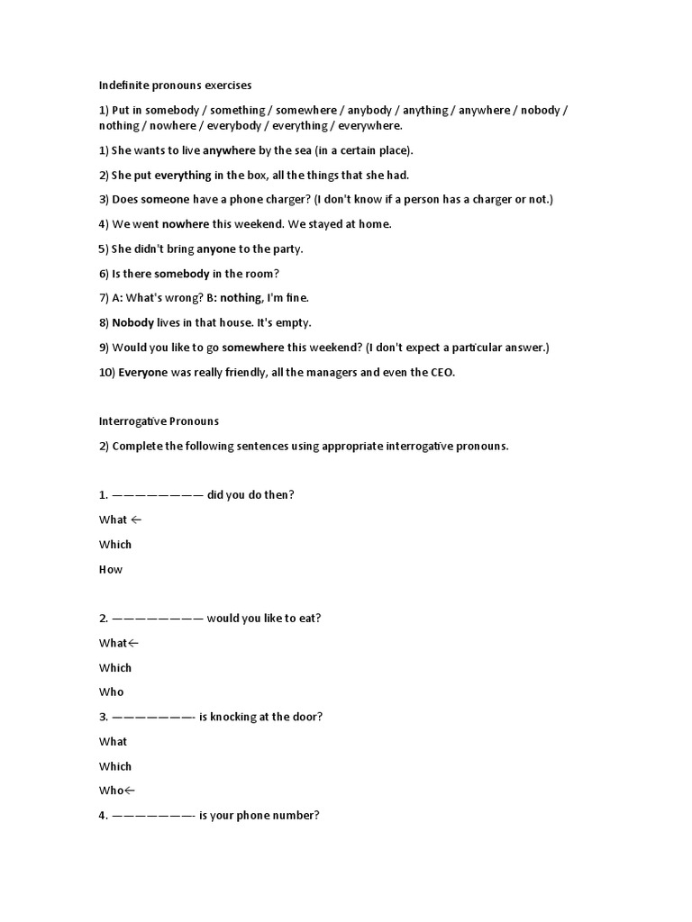 Indefinite Pronouns Exercise and Interrogative | PDF