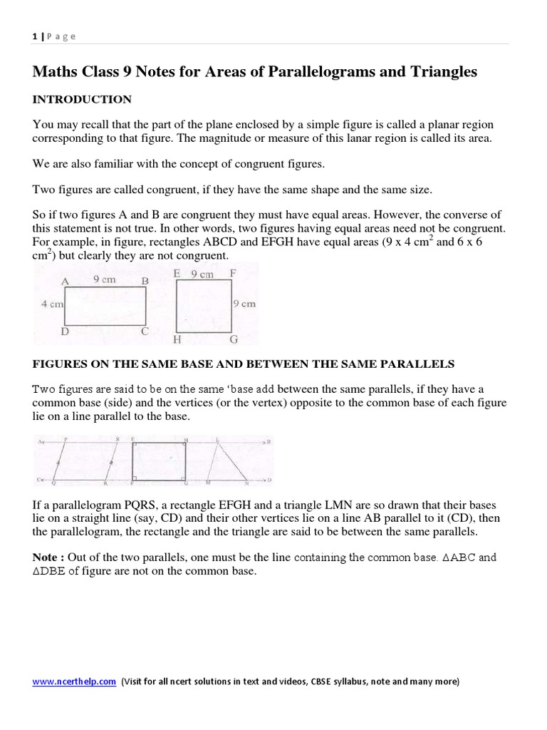 Areas of Parallelograms and Triangles Notes | PDF | Area | Rectangle