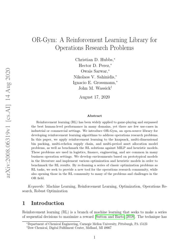 OR-Gym: A Reinforcement Learning Library For Operations Research ...