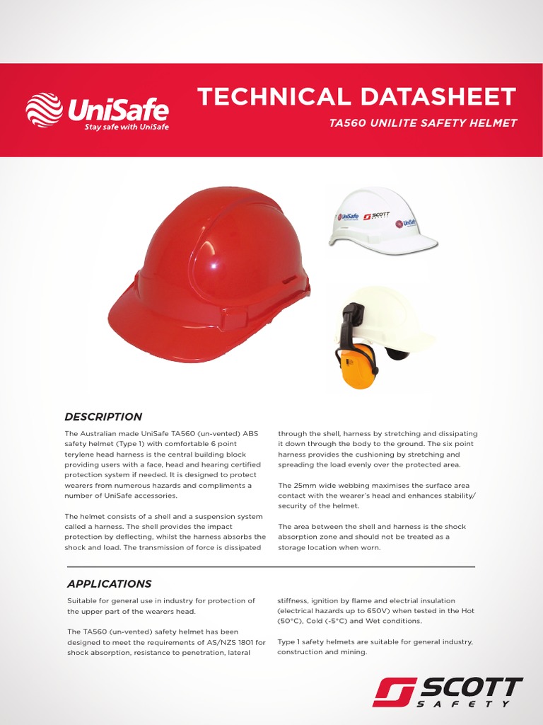 UniSafe TA560 Safety Helmet Datasheet ANZ | PDF | Personal Protective ...