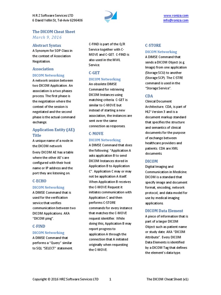 March 9, 2016: The DICOM Cheat Sheet Abstract Syntax C-Store | PDF | Html | Hypertext Transfer ...