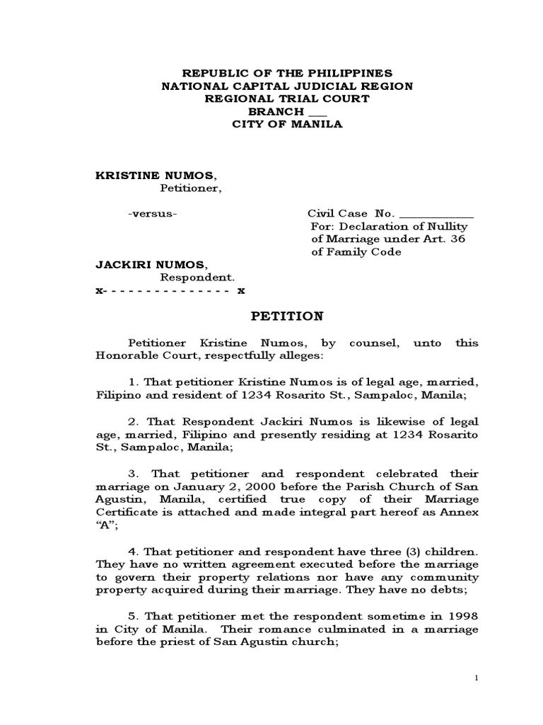 Sample Petition For Annulment | PDF | Affidavit | Marriage