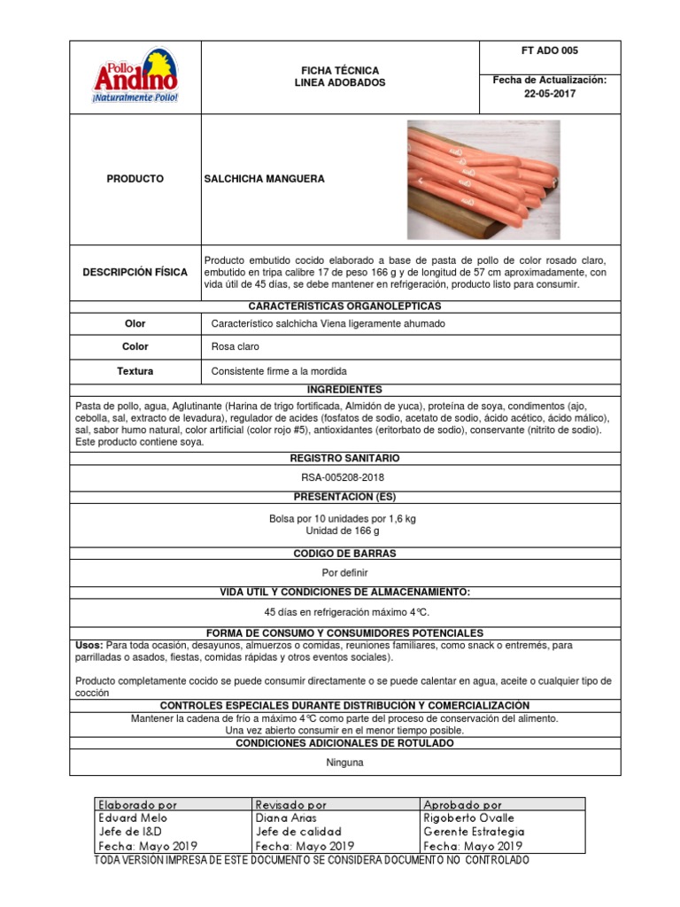 Ficha Tecnica SALCHICHA | PDF | sal | Alimentos Ficha Tecnica SALCHICHA | PDF | sal | Alimentos
