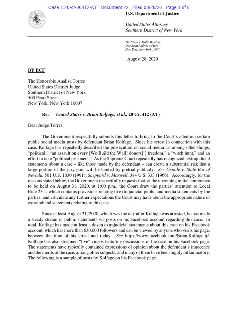 SDNY Kolfage Letter | PDF | Right To A Fair Trial | Prejudice (Legal Term)